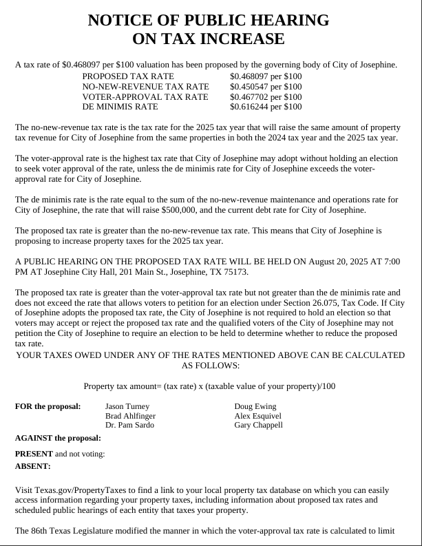 Notice of Public Hearing - City of Josephine, TX - Est. 1888