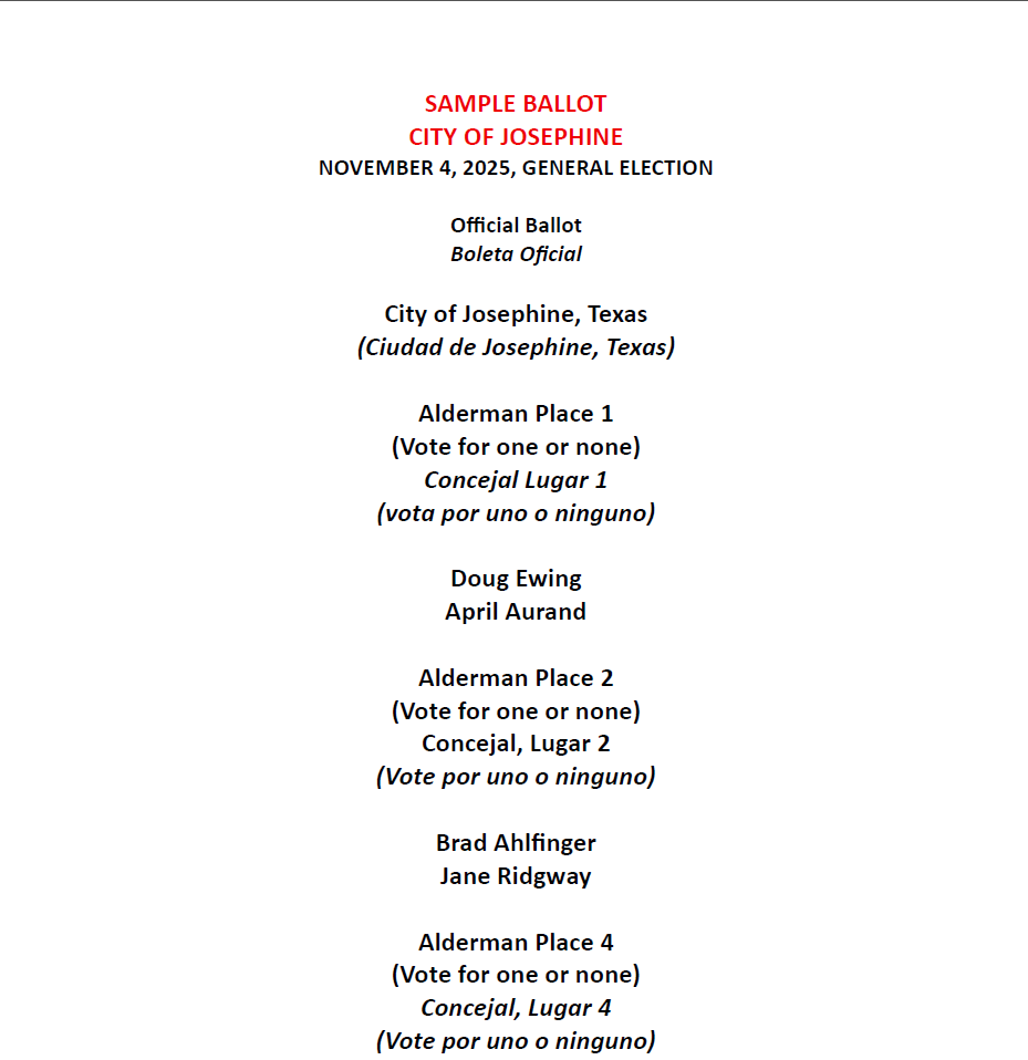General Election Sample Ballot - City of Josephine, TX - Est. 1888